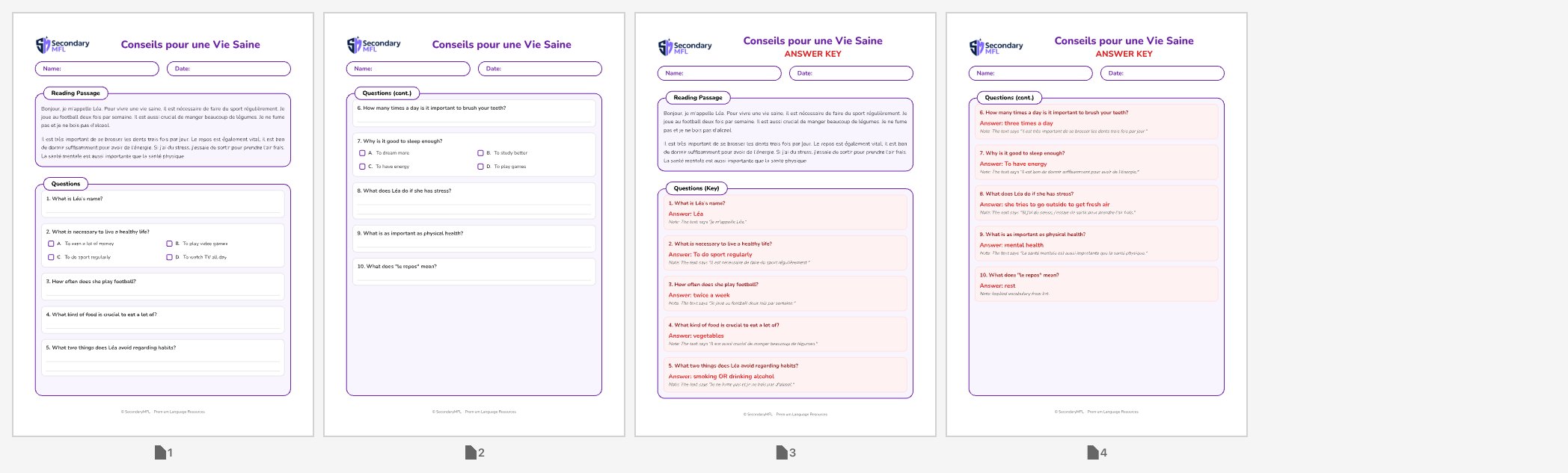 French Conseils pour une Vie Saine — KS3 | SecondaryMFL