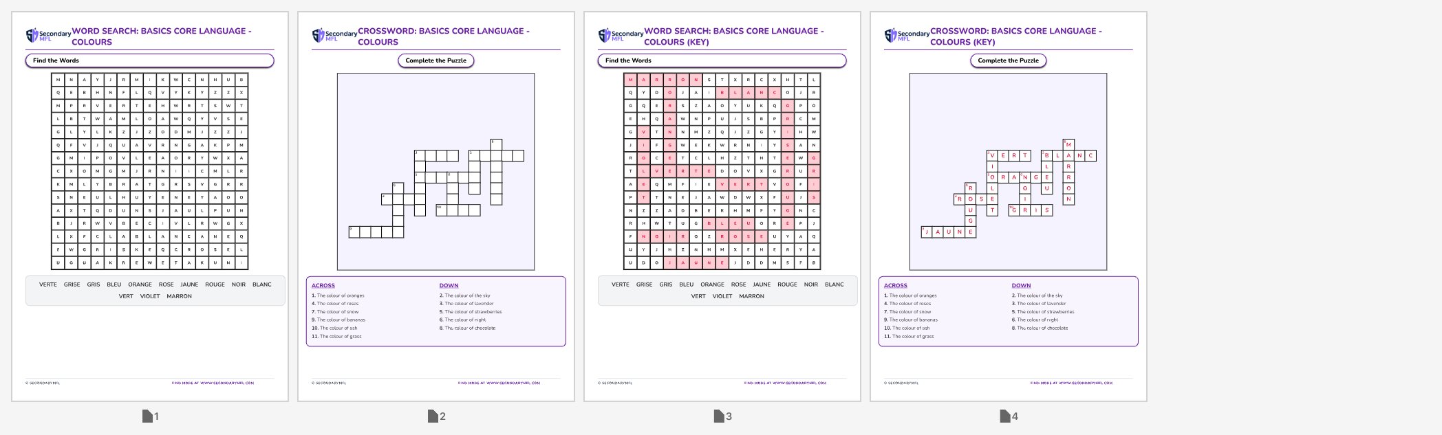 French Basics Core Language - Colours - Activity Pack | SecondaryMFL