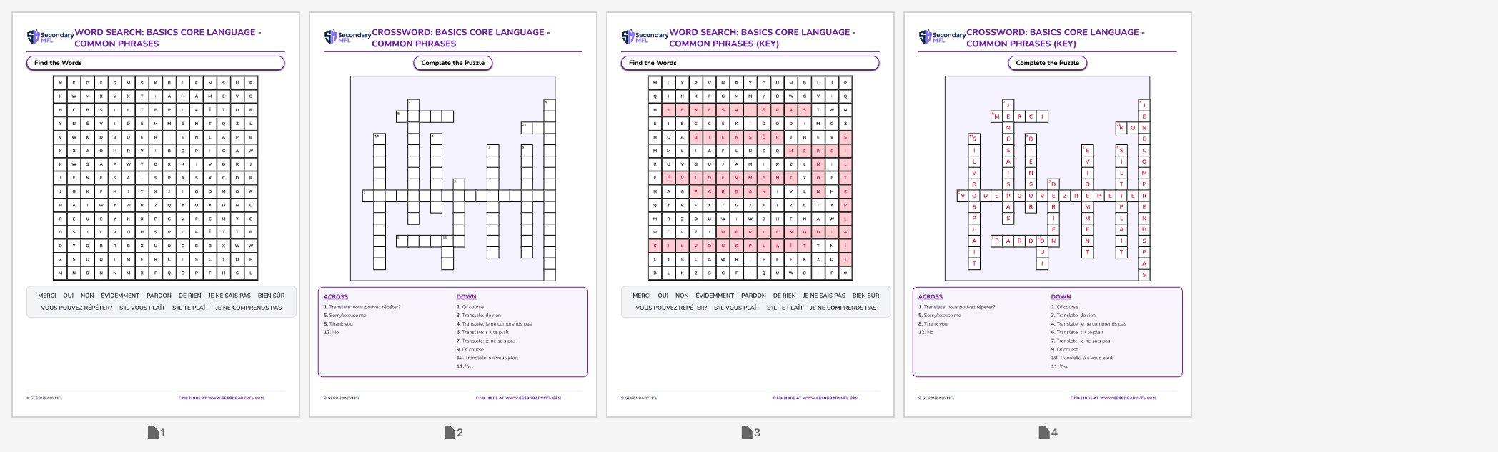 French Basics Core Language - Common Phrases - Activity Pack | SecondaryMFL