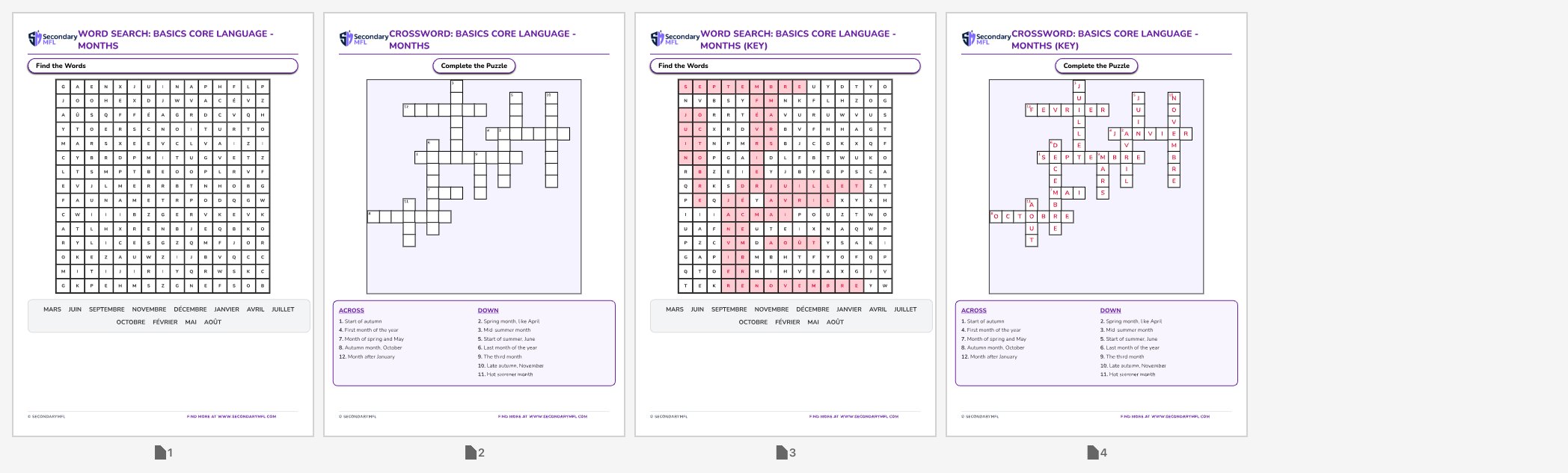 French Basics Core Language - Months - Activity Pack | SecondaryMFL