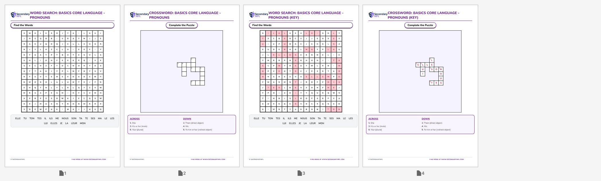 French Basics Core Language - Pronouns - Activity Pack | SecondaryMFL