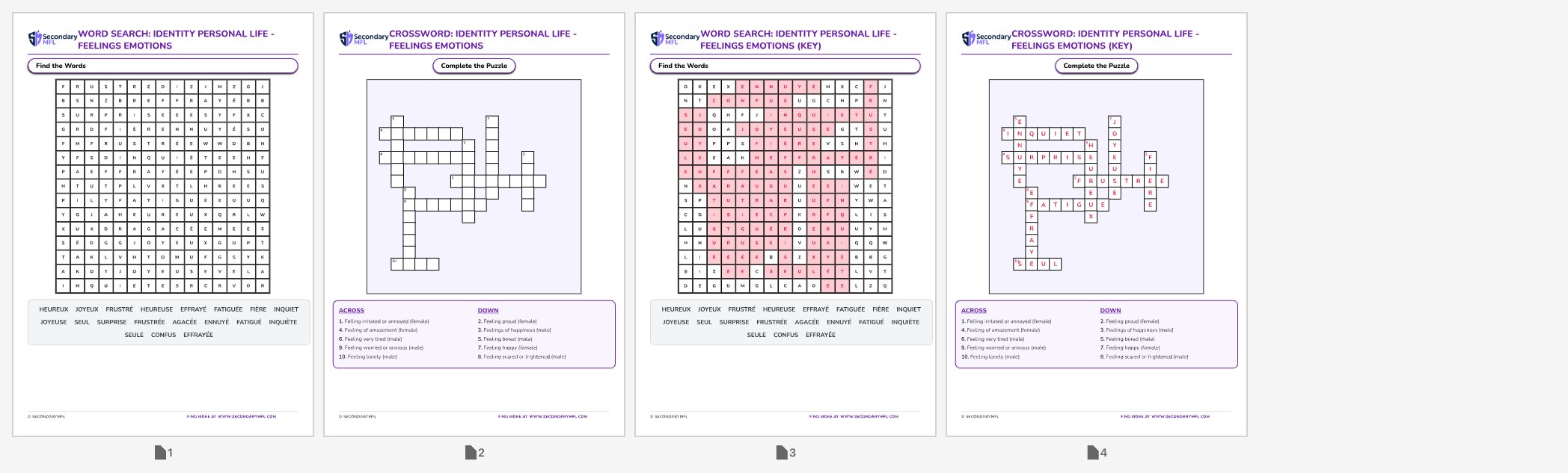 French Identity Personal Life - Feelings Emotions - Activity Pack ...
