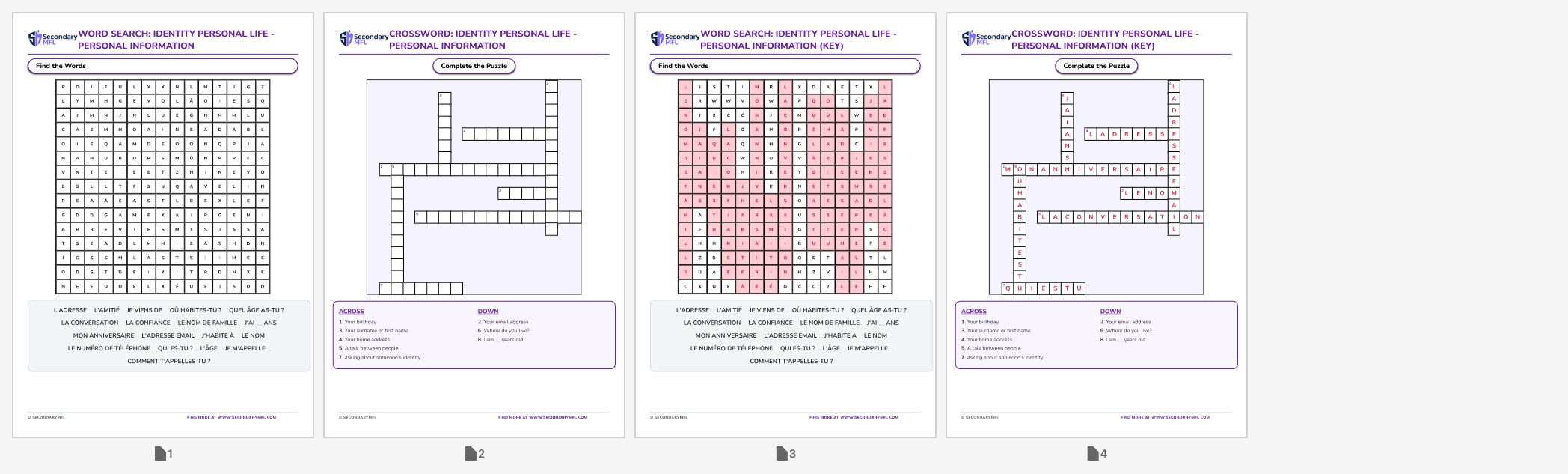 French Identity Personal Life - Personal Information - Activity Pack ...