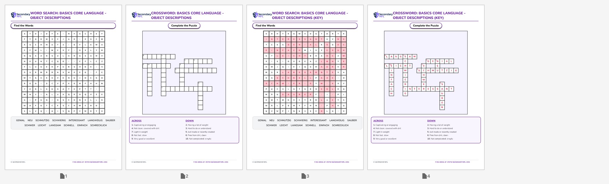 German Basics Core Language - Object Descriptions - Activity Pack ...