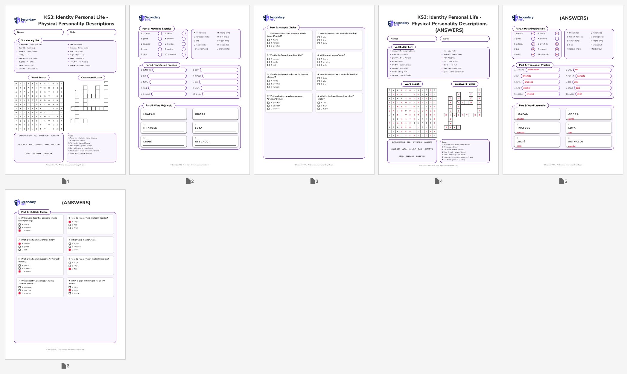 KS3 Spanish Activity Pack: Physical & Personality Descriptions ...