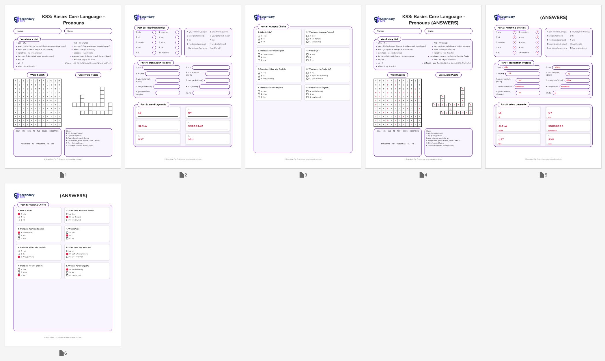 KS3 Spanish Activity Pack: Subject & Possessive Pronouns | SecondaryMFL