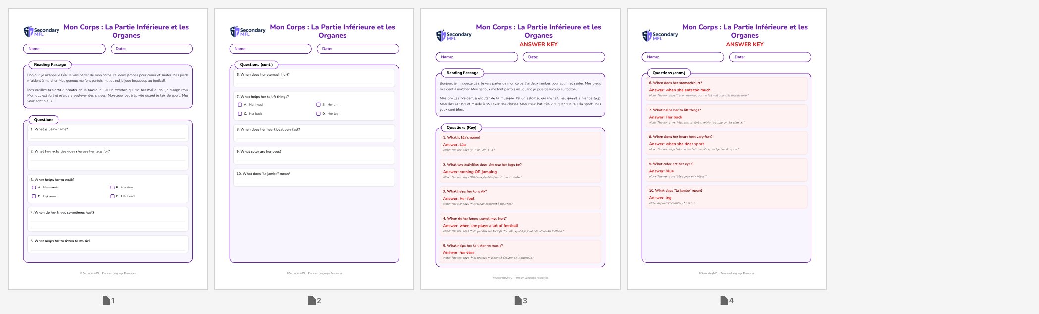 French Mon Corps : La Partie Inférieure et les Organes — KS3 | SecondaryMFL