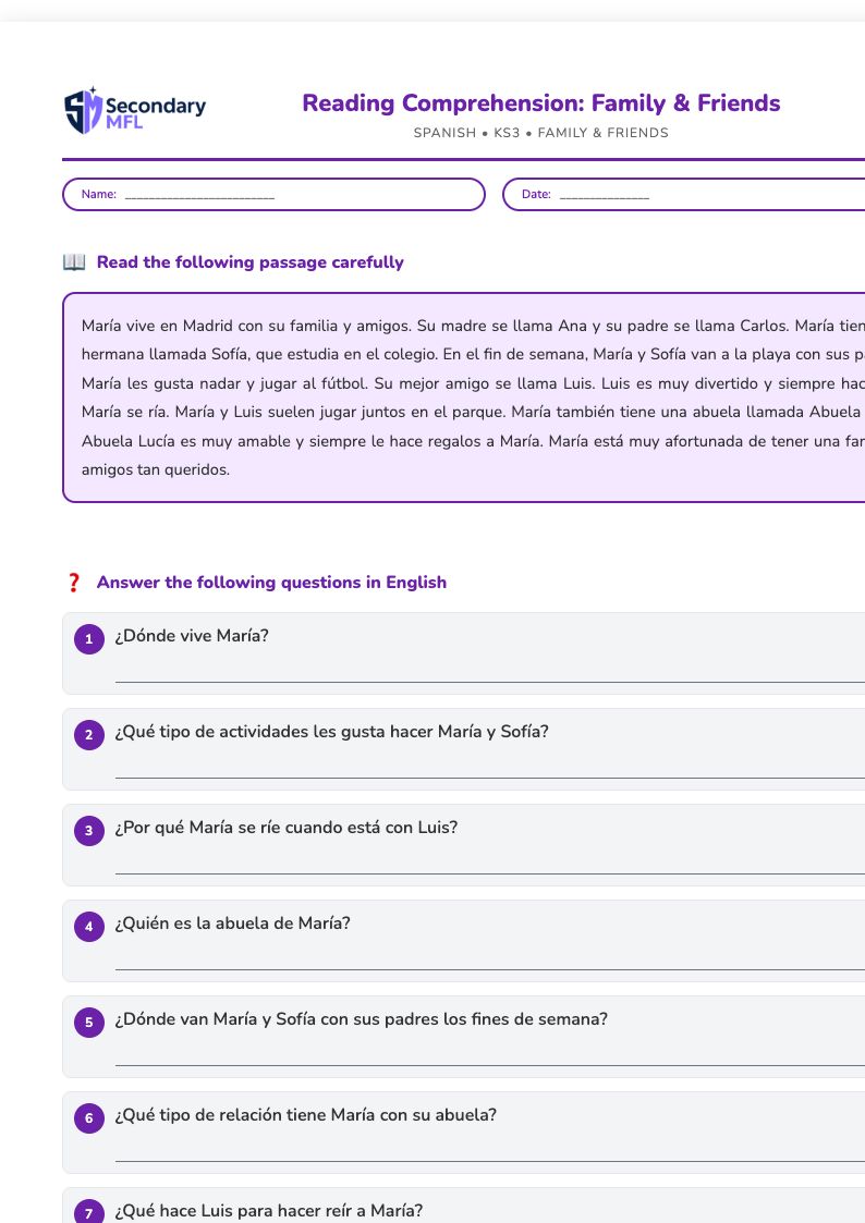 Spanish Reading Comprehension: Family & Friends — KS3 | SecondaryMFL
